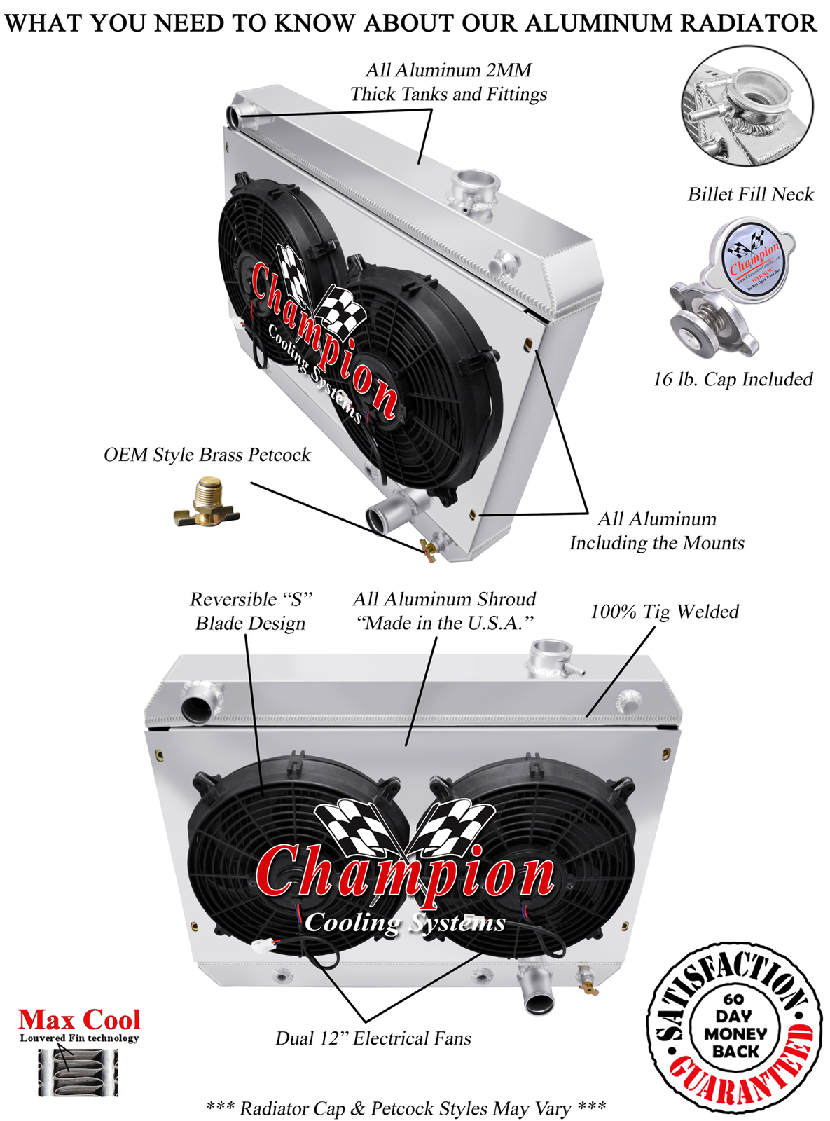 62-65 Chevy Nova Alum 3 Row KR Champion Radiator & Fans 2 x 12" Fan ...