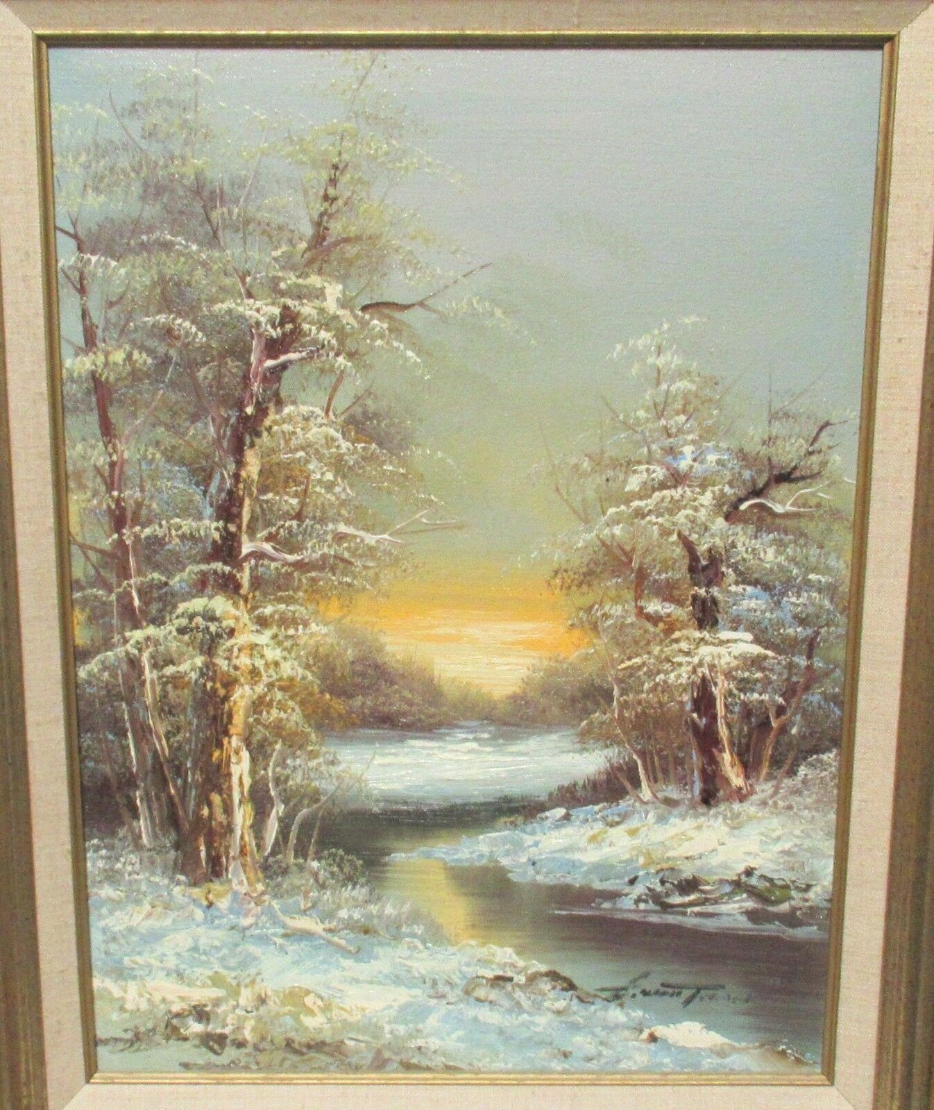 G.WHITMAN ORIGINAL OIL ON CANVAS SNOW RIVER SUNSET LANDSCAPE PAINTING ...
