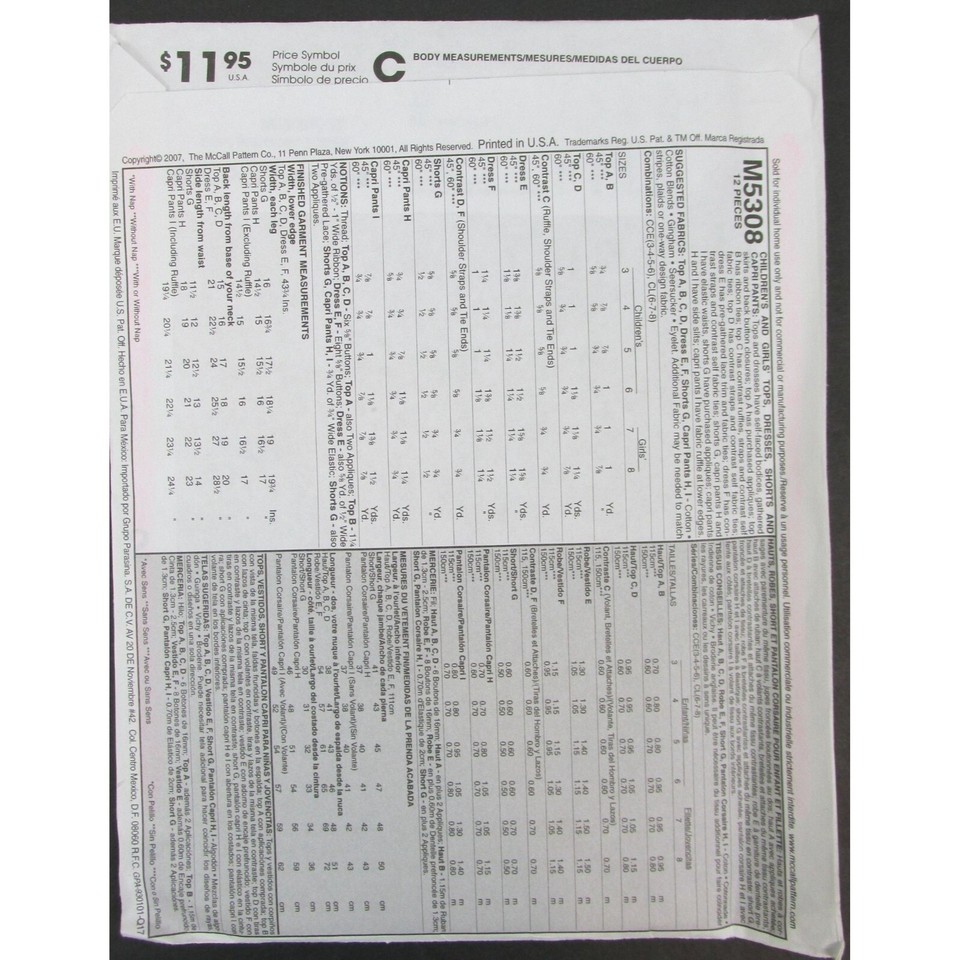 McCall's sewing pattern M5308 girl's top dress shorts capri pants ...