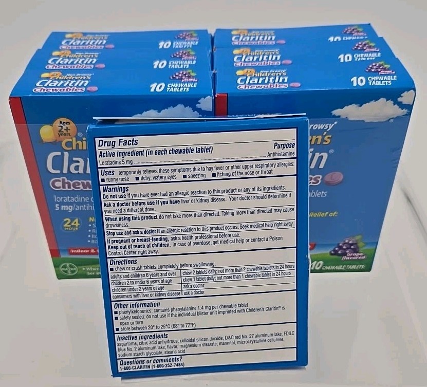 7 Boxes Non-Drowsy Claritin Children's Allergy Relief Chewable Grape 10 ...