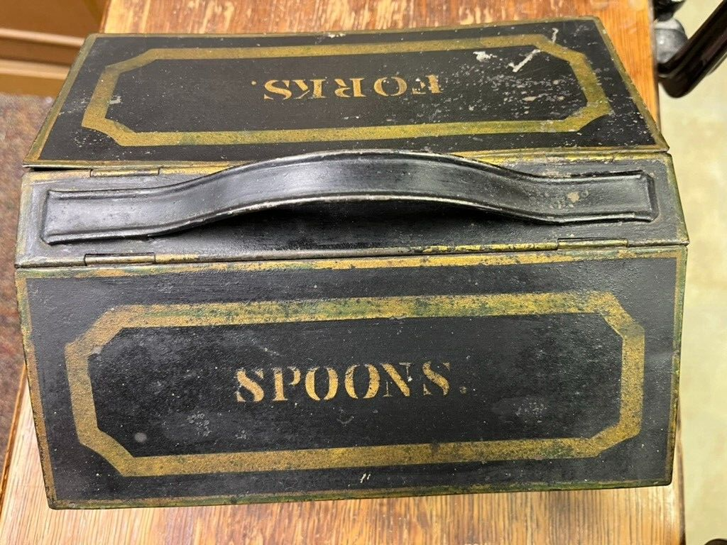 Antique Cutlery Box Fork & Spoon Compartments 19th Century Tin Toleware ...