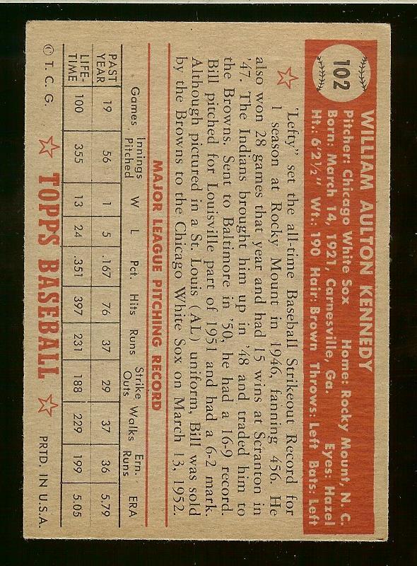 1952 Topps #102 Bill Kennedy St. Louis Browns Red Back | eBay