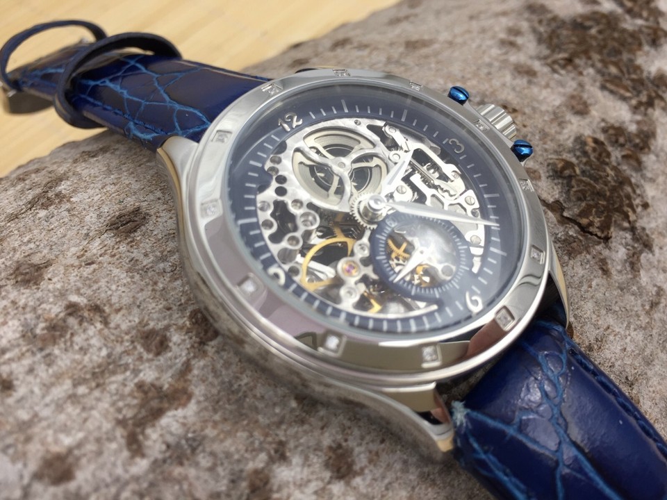Loewenstein automatic watch skeleton - rhinestones - leather strap ...