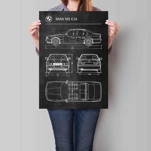 BMW E34 M5 Car Poster Retro Patent Blueprint Art Print | eBay
