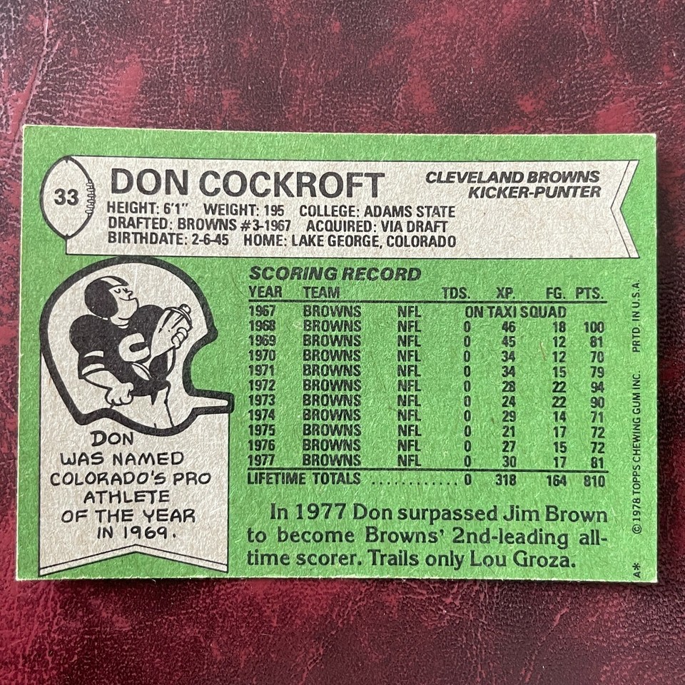 1978 Topps Set DON COCKROFT #33 CLEVELAND BROWNS - NR-MINT *HIGH GRADE ...