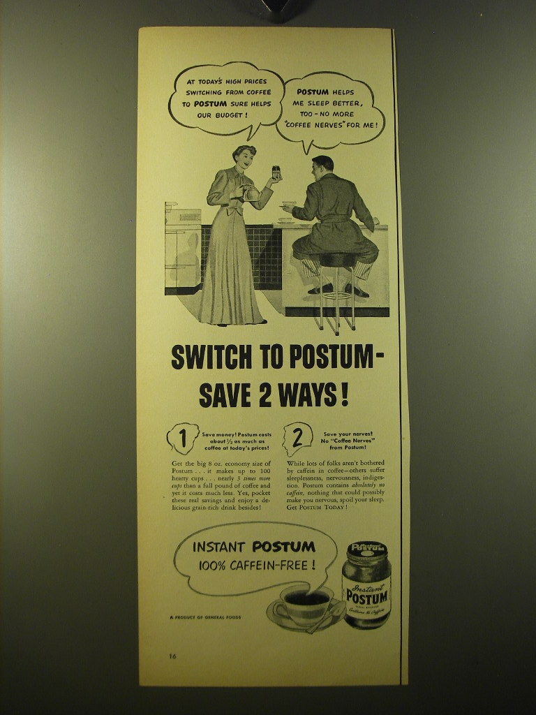 1950 Instant Postum Ad - Switch to postum - save 2 ways | eBay