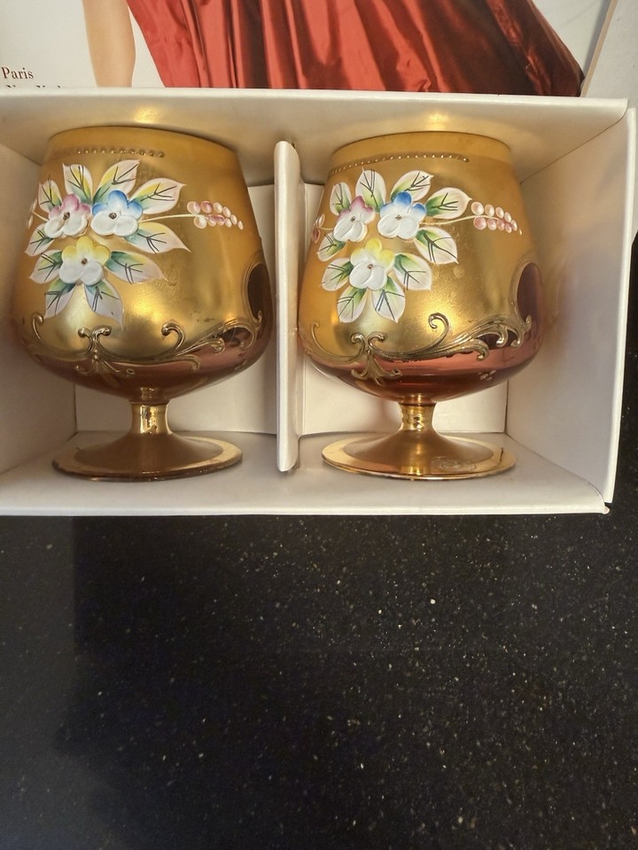 2 VTG Bohemian/Czech Clear Glass Brandy Snifters Gold Gilded Enameled ...