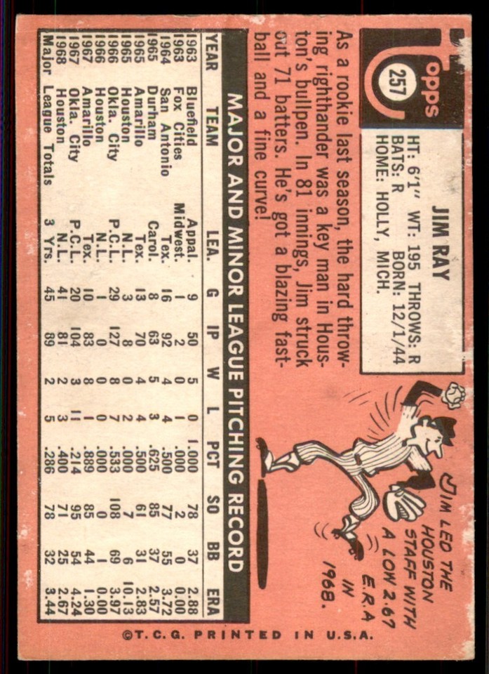 1969 Topps VG #257 Jim Ray Houston Astros | eBay