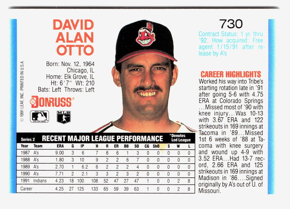 1992 Donruss Dave Otto Cleveland Indians #730a | eBay