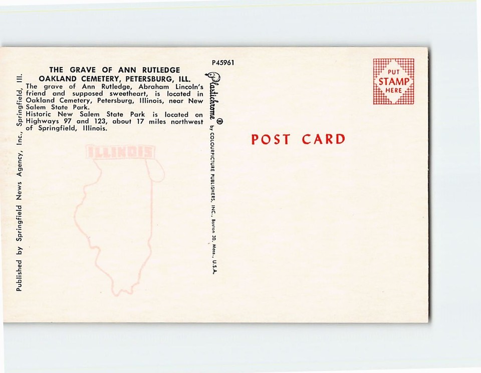 Postcard Grave of Ann Rutledge Oakland Cemetery Petersburg Illinois USA ...