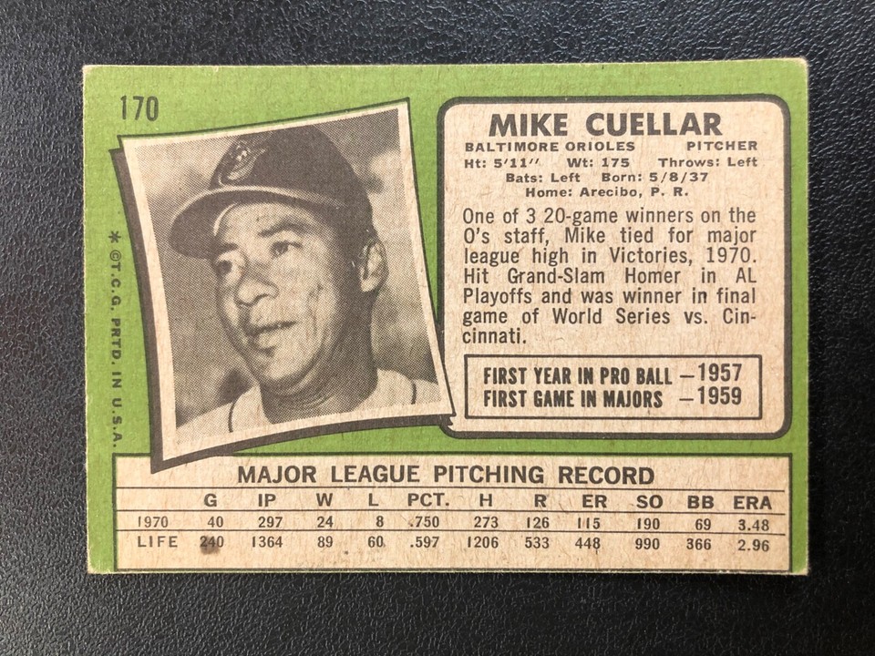 MIKE CUELLAR 1971 TOPPS VINTAGE BASEBALL CARD #170 ORIOLES | eBay