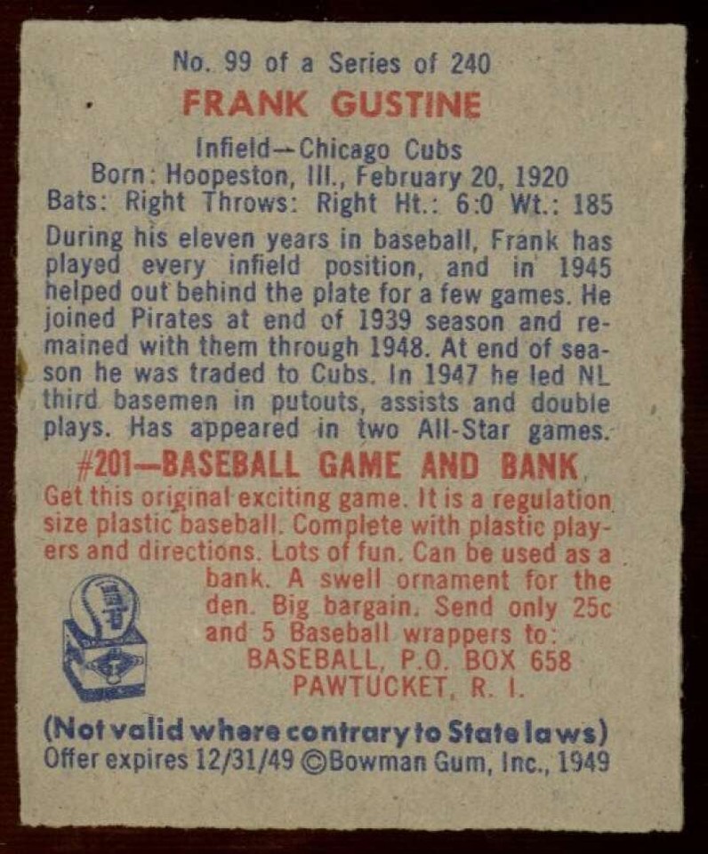 1949 Bowman #99 Frank Gustine EX RC Rookie Pirates 72943 | eBay