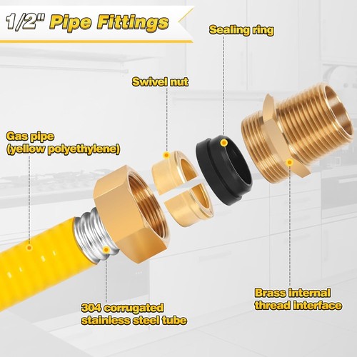 70Ft 1/2 Inch Flexible Gas Line Tubing Kit with Fittings for NG or ...