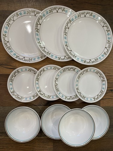 11 Corelle TREE BIRD 3 Dinner Plates 4 Bread 4 Bowls WHITE Blue Green ...