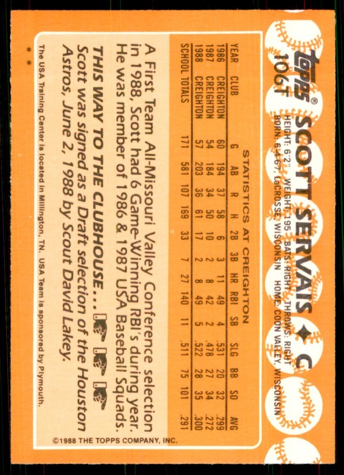 1988 Topps Traded. Scott Servais Baseball Cards #106T | eBay