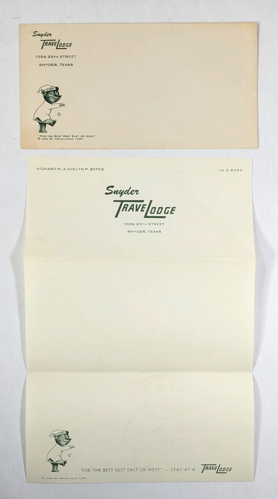 Snyder Texas 1950s TraveLodge Richard Beteg Sleepy Bear Envelop & Sheet of Paper | eBay
