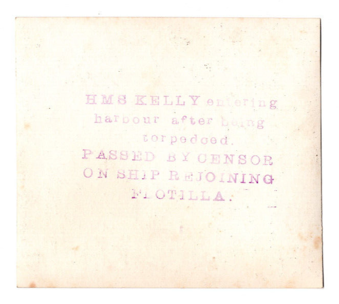 Original Historic HMS Kelly Torpedoed Photograph / Censor Stamp / World ...
