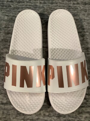Victoria's Secret Pink Logo Strap Slides Sandals White Rose Gold M 7 8 ...