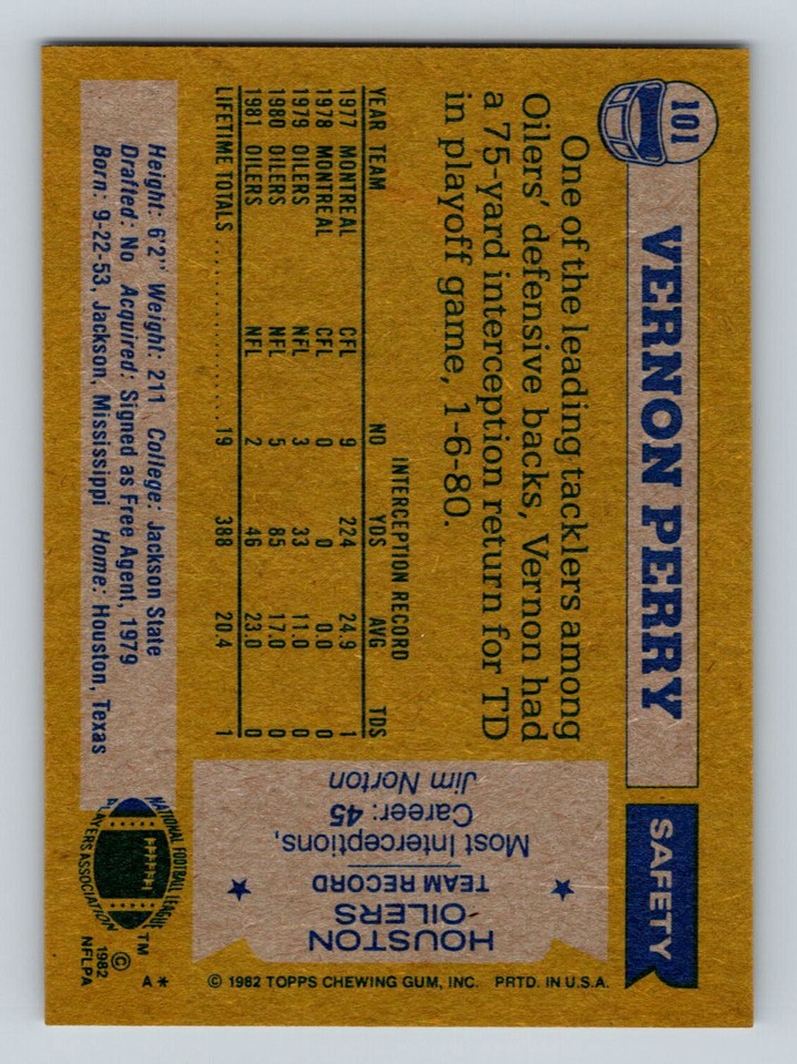 1982 Topps Vernon Perry #101 Houston Oilers | eBay