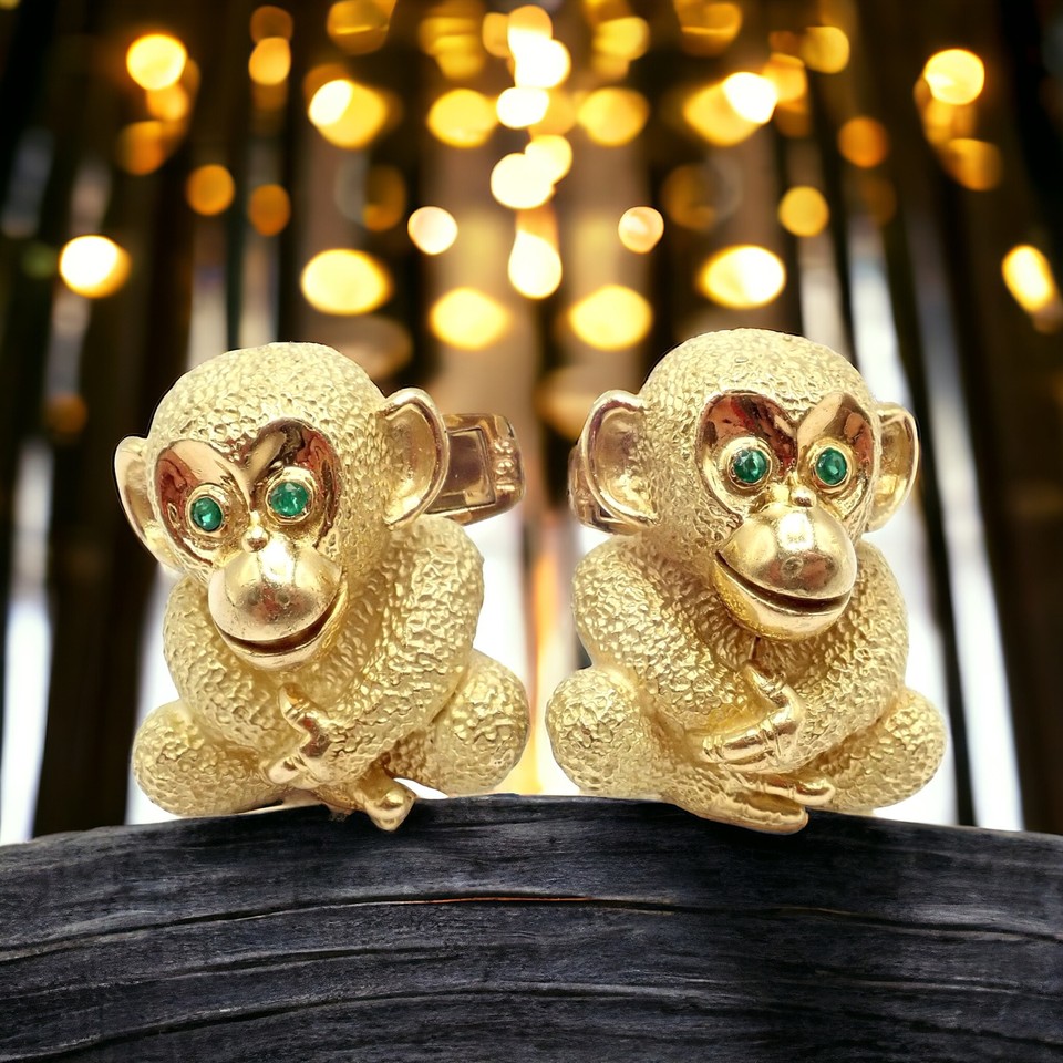 Authentic Kurt Wayne 18k Yellow Gold Emerald Whimsical Monkey Cufflinks ...