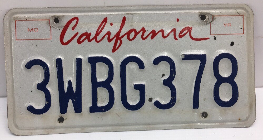 VINTAGE CALIFORNIA LICENSE PLATE Red/white & BLUE LETTERS~( 3WBG378 ...