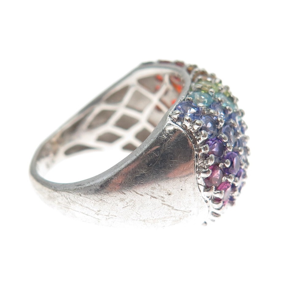 CHUCK CLEMENCY 925 Sterling Silver Real Round-Cut Multi-Color Gem Ring ...