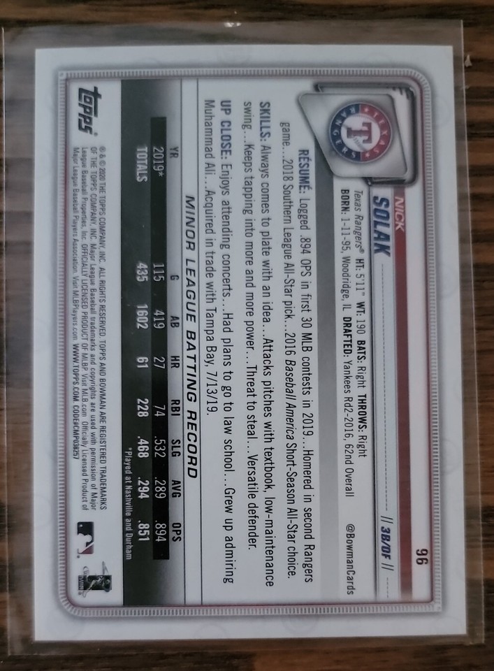 2020 Bowman Nick Solak #96 Rookie Card RC Texas Rangers QTY | eBay