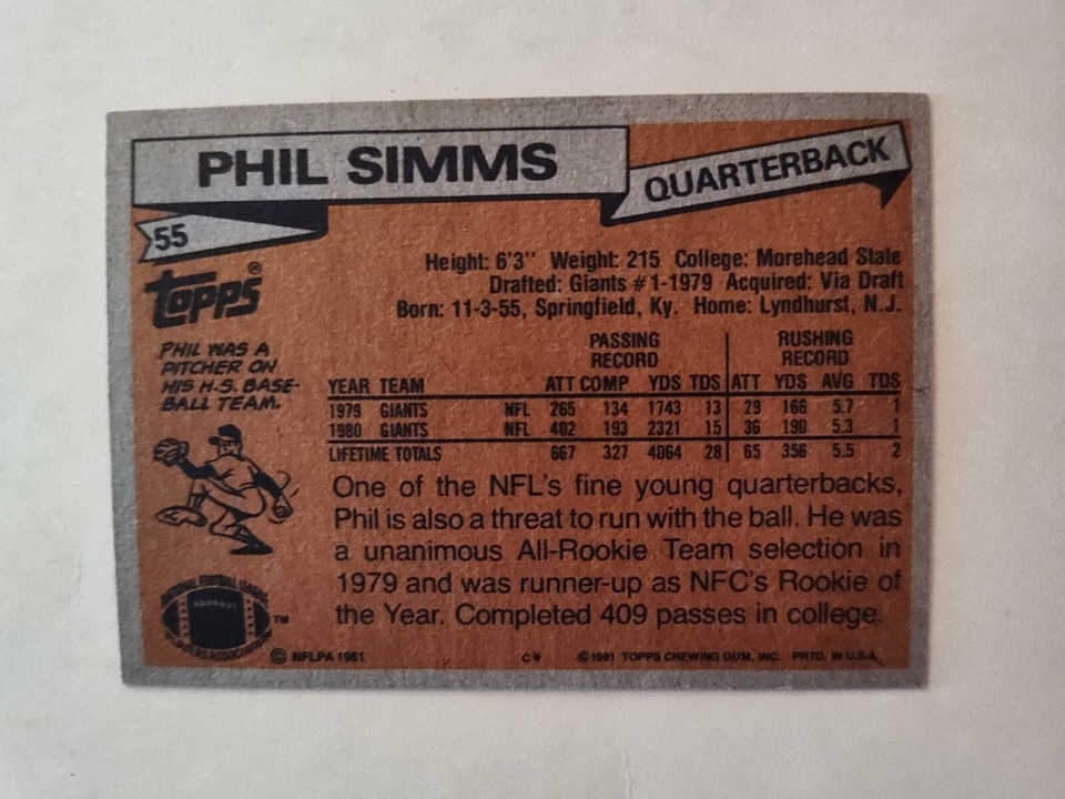 PHIL SIMMS New York GIANTS 1981 TOPPS Football Card #55 | eBay