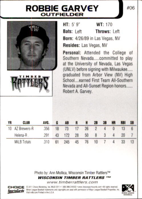 2011 Wisconsin Timber Rattlers Choice #6 Robbie Garvey Las Vegas Nevada ...