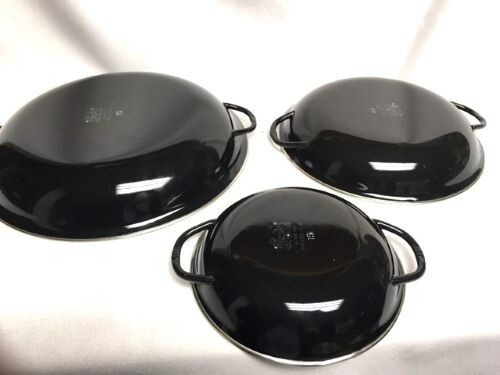 3 pc Enamel Saute Pan Set Emo Celje Yugoslavia Red Yellow Blue Mid ...