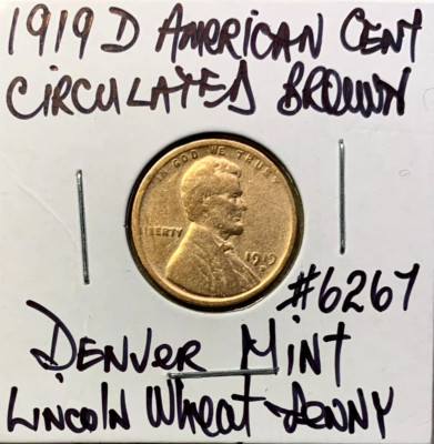 1919 D American Cent Circulated Brown Lincoln Wheat Denver Mint Penny ...