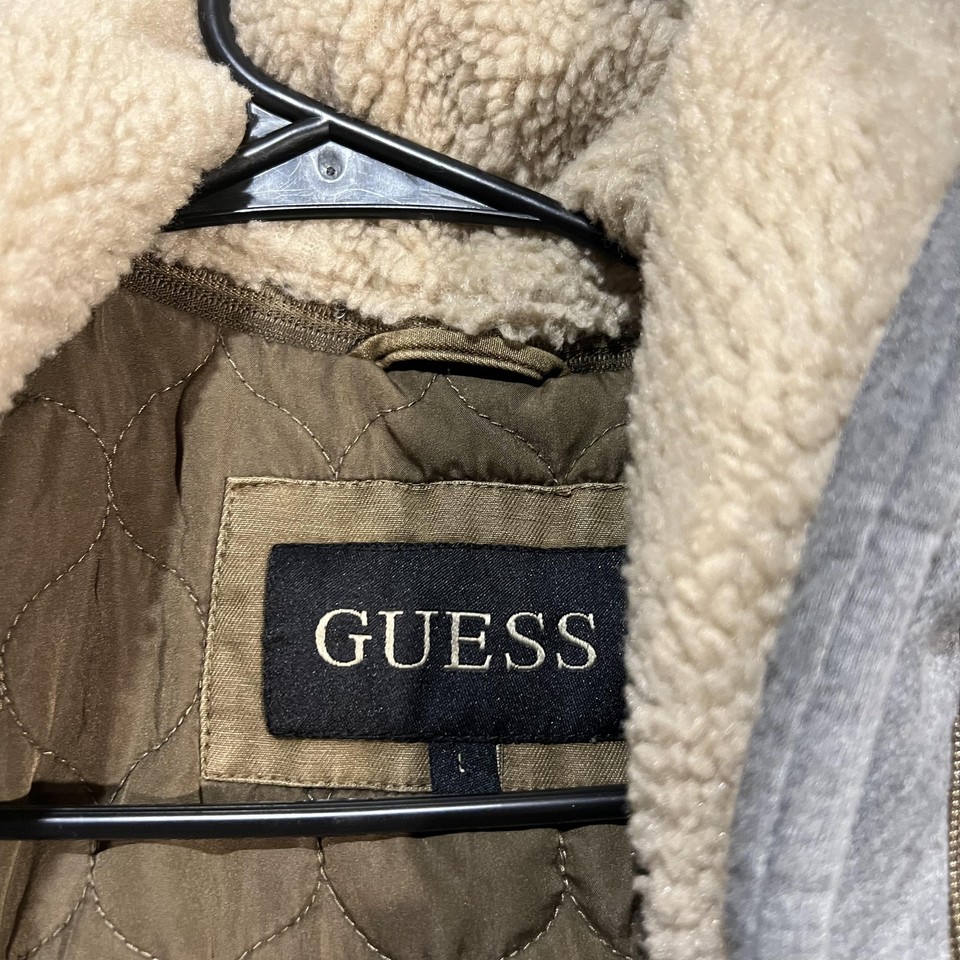 Guess Jacket Mens Large Olive Canvas Sherpa Lined Hooded Utility Zip ...