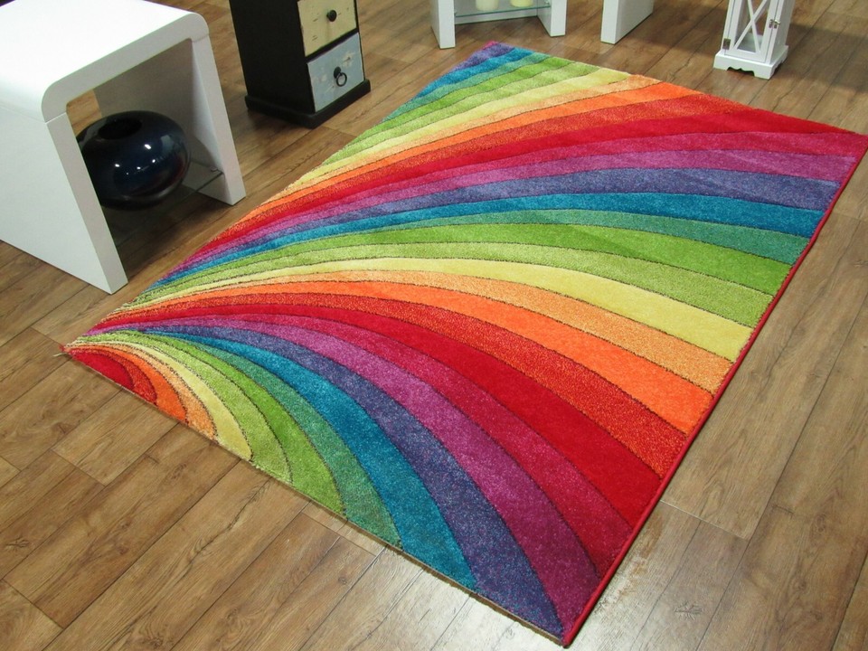 Rainbow Rug Runner Multi Colour Bright Vibrant Hand Carved 3D Effect ...
