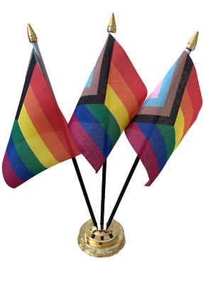 Progress Pride Gay Rainbow 3 Flag Desk Top Table Display & Gold Base 12 ...