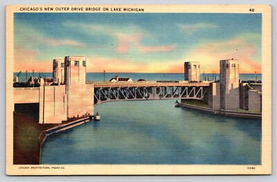 Postcard Chicagos New Outer Drive Bridge on Lake Michigan Chicago ...