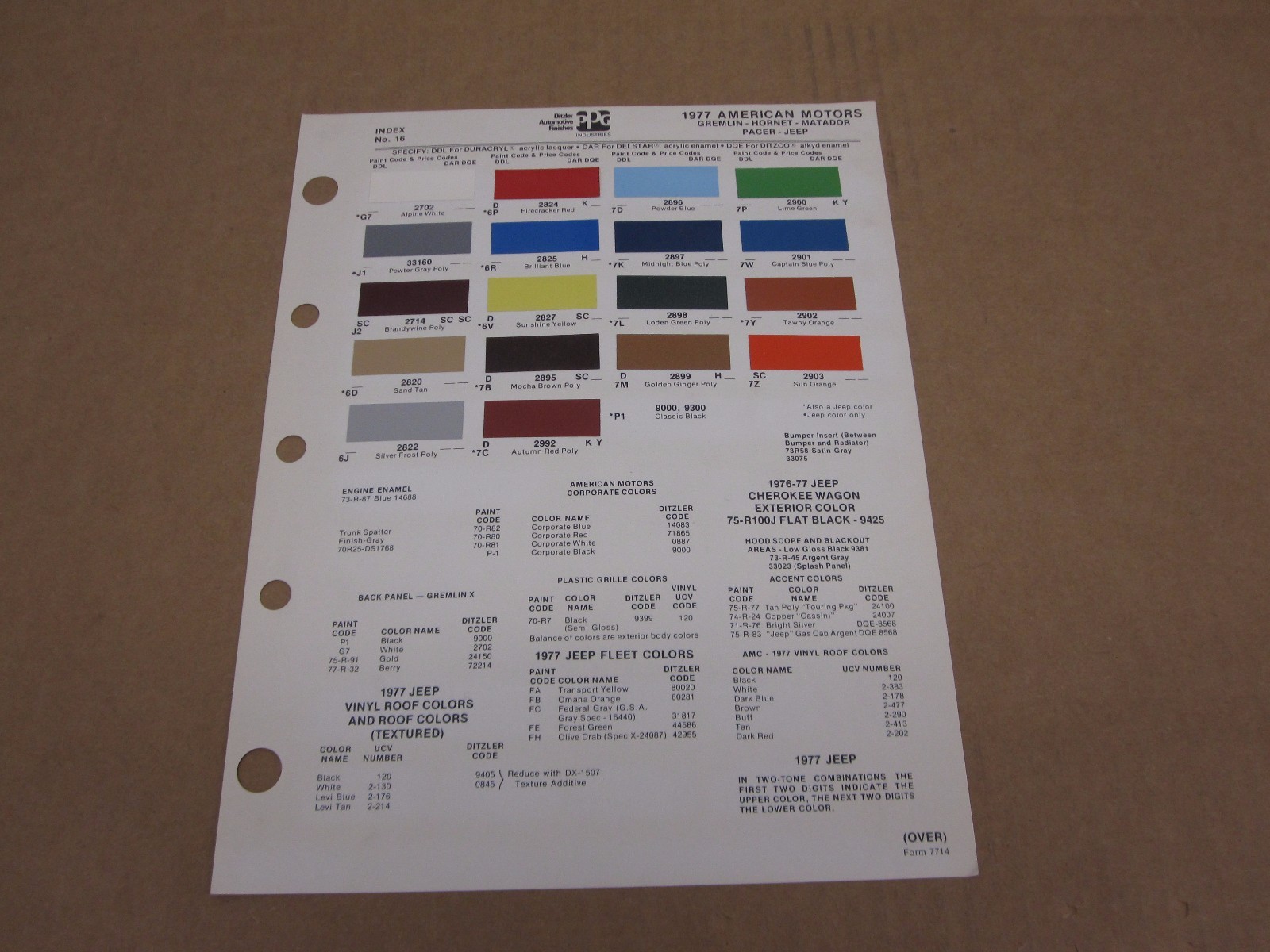 1977 AMC Pacer Hornet Gremlin Matador paint color chip chart Ditzler ...