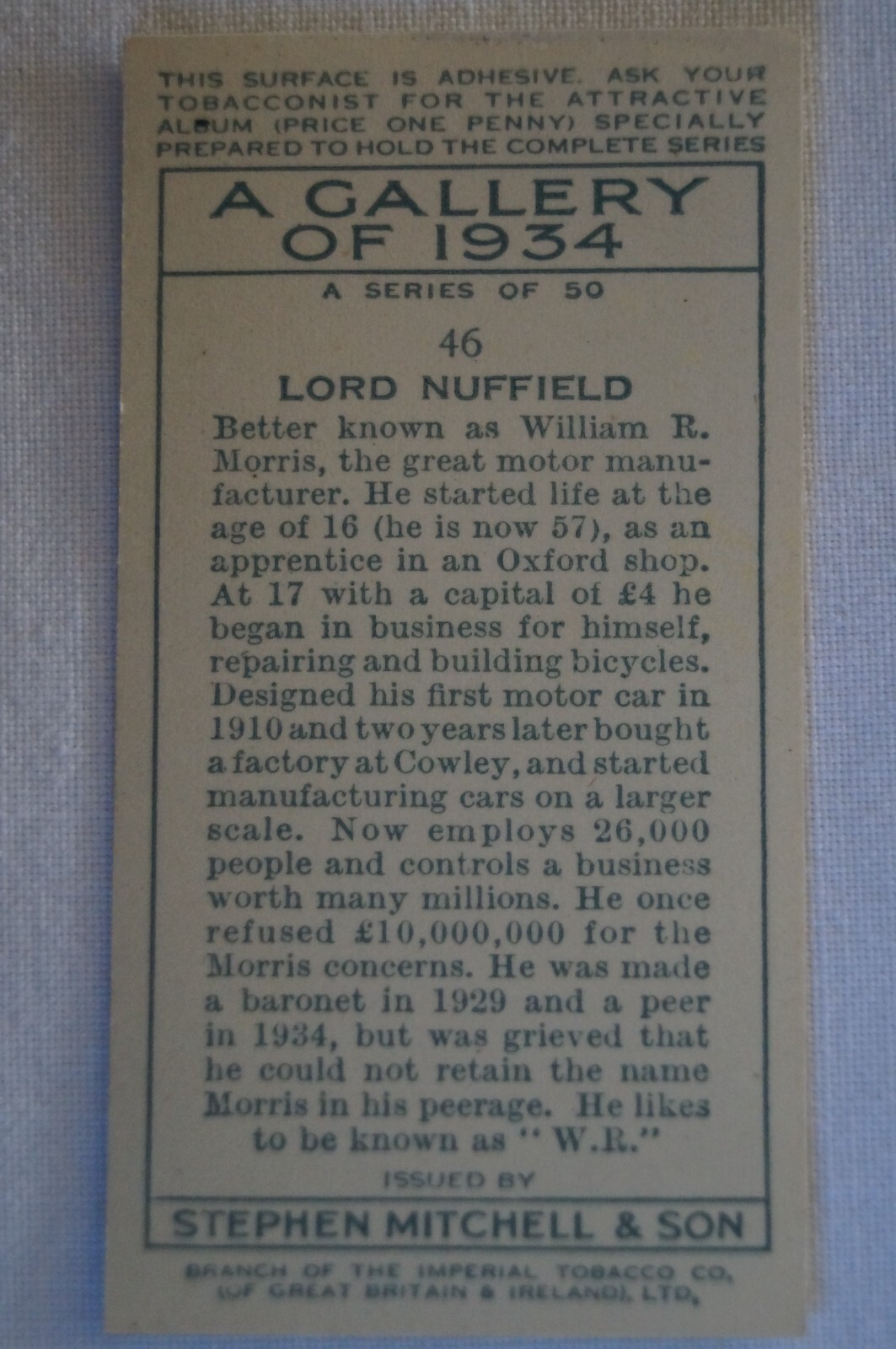 A Gallery of 1934 Series Vintage Stephen Mitchell Card Lord Nuffield | eBay