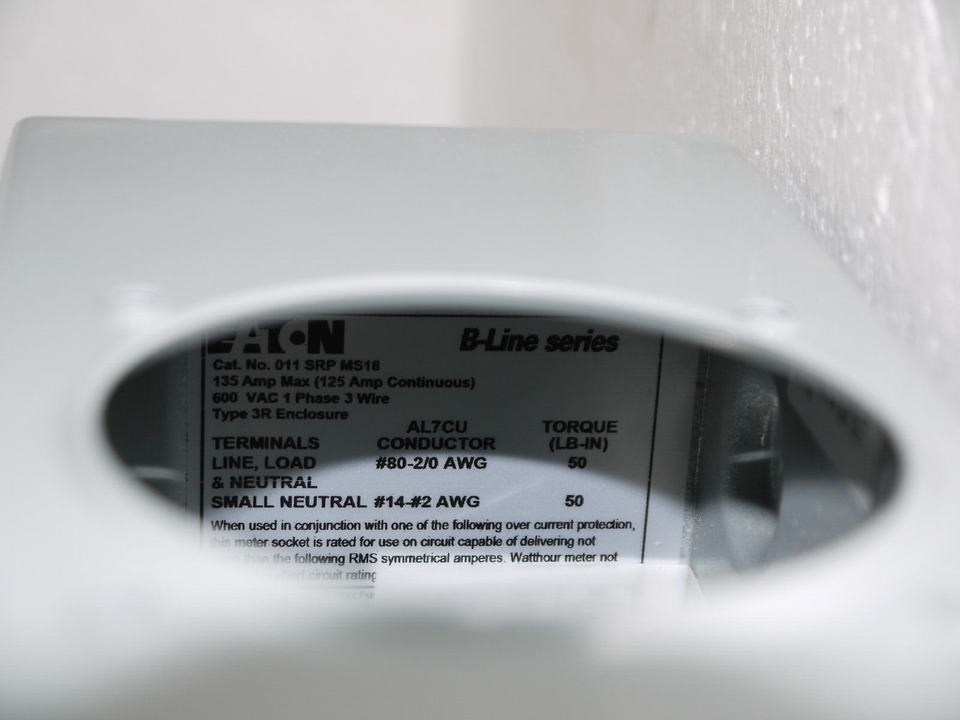 Eaton 011 SRP MS18 B-Line Series Meter Socket 600VAC 125 Amp 1-Phase 3 ...