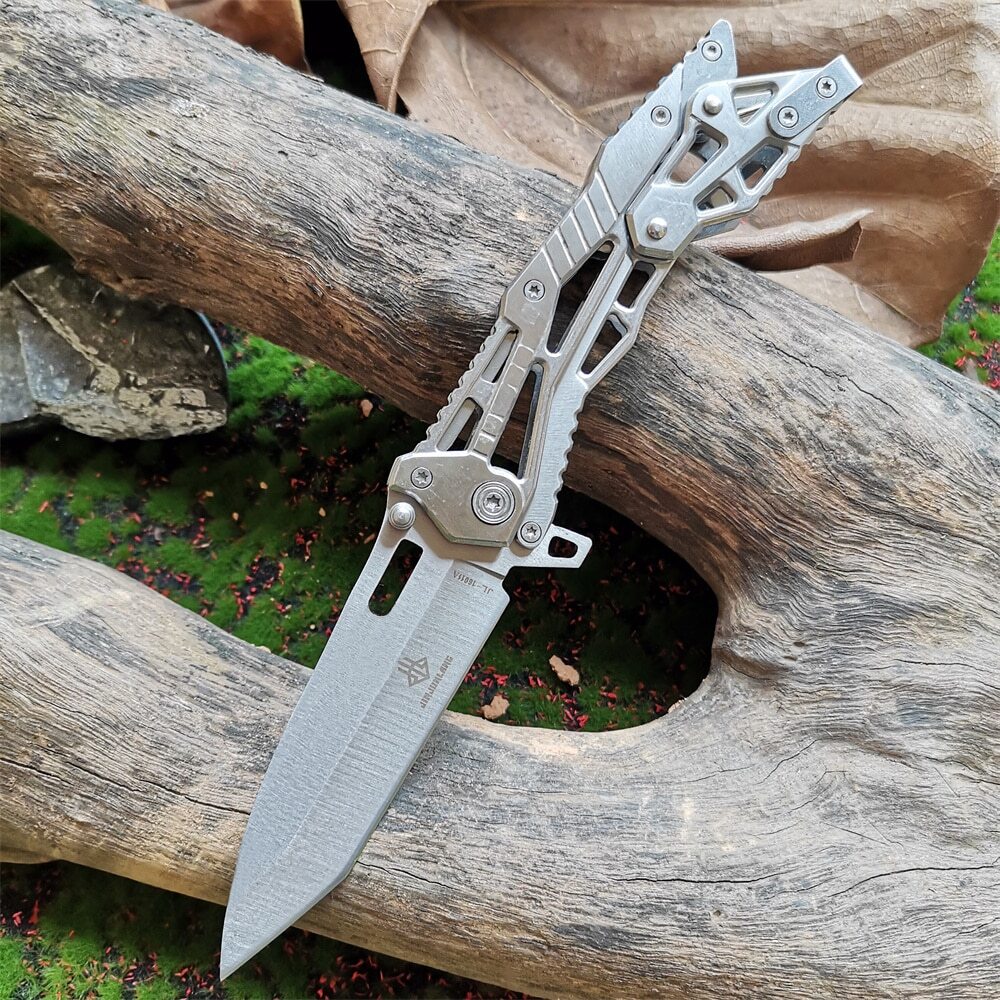 All-steel mechanical folding knife silver hollow design jungle outdoor ...