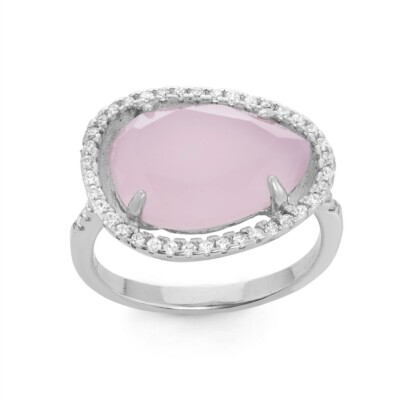 Sterling Silver Large Rose Quartz Teardrop with CZ Border Ring | eBay