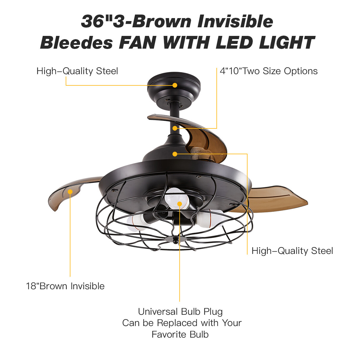 36 Inch Ceiling Fan With 3 Lights | Shelly Lighting
