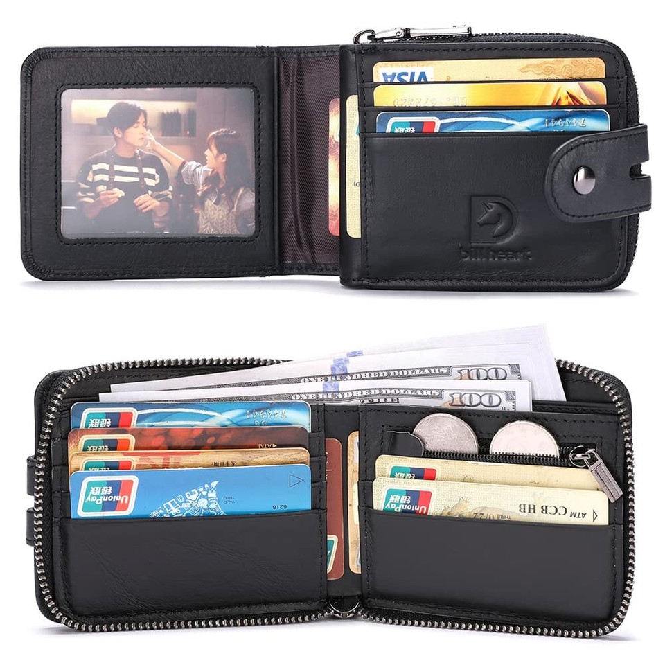 Men Wallet With Zipper Genuine Leather Bifold Purse For Mens Id Window ...