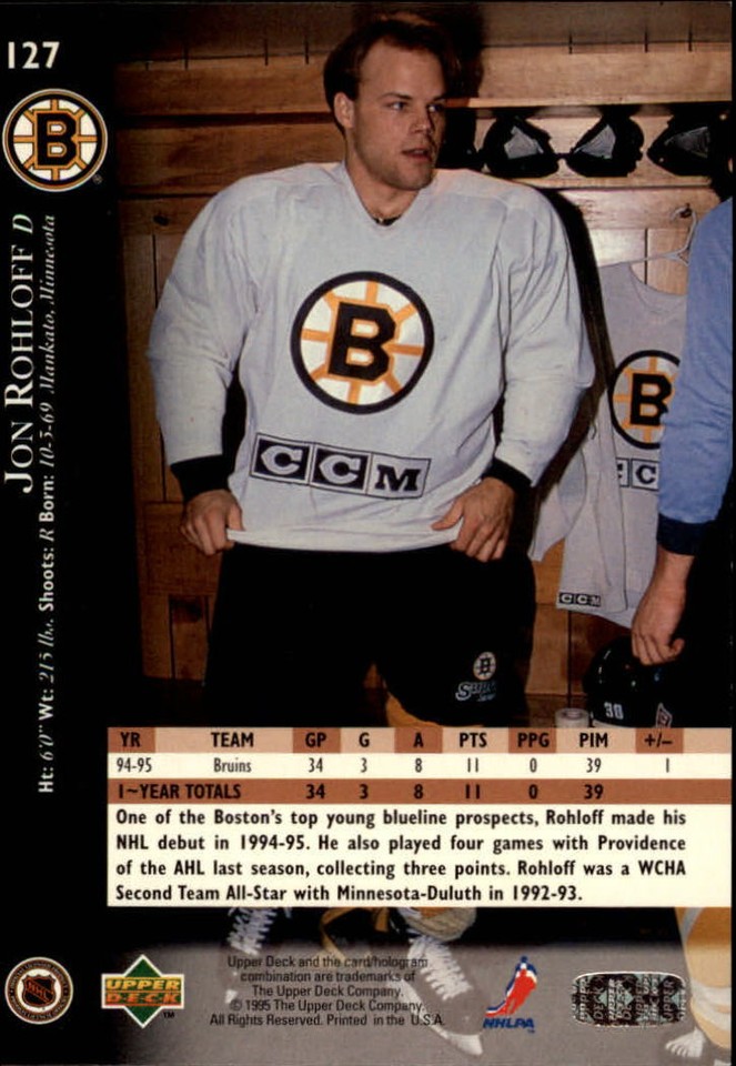 1995-96 Upper Deck Boston Bruins Hockey Card #127 Jon Rohloff | eBay