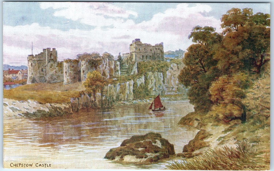 c1900s Chepstow, UK Castle Ruins River Wye Sailboat Trees Cliff Stone ...