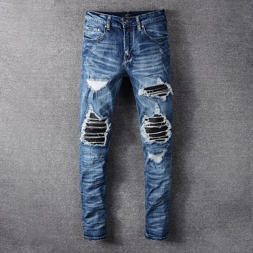 Men’s Ripped Pleated Slim fit PU Patch Jeans Stretch Distressed Blue ...