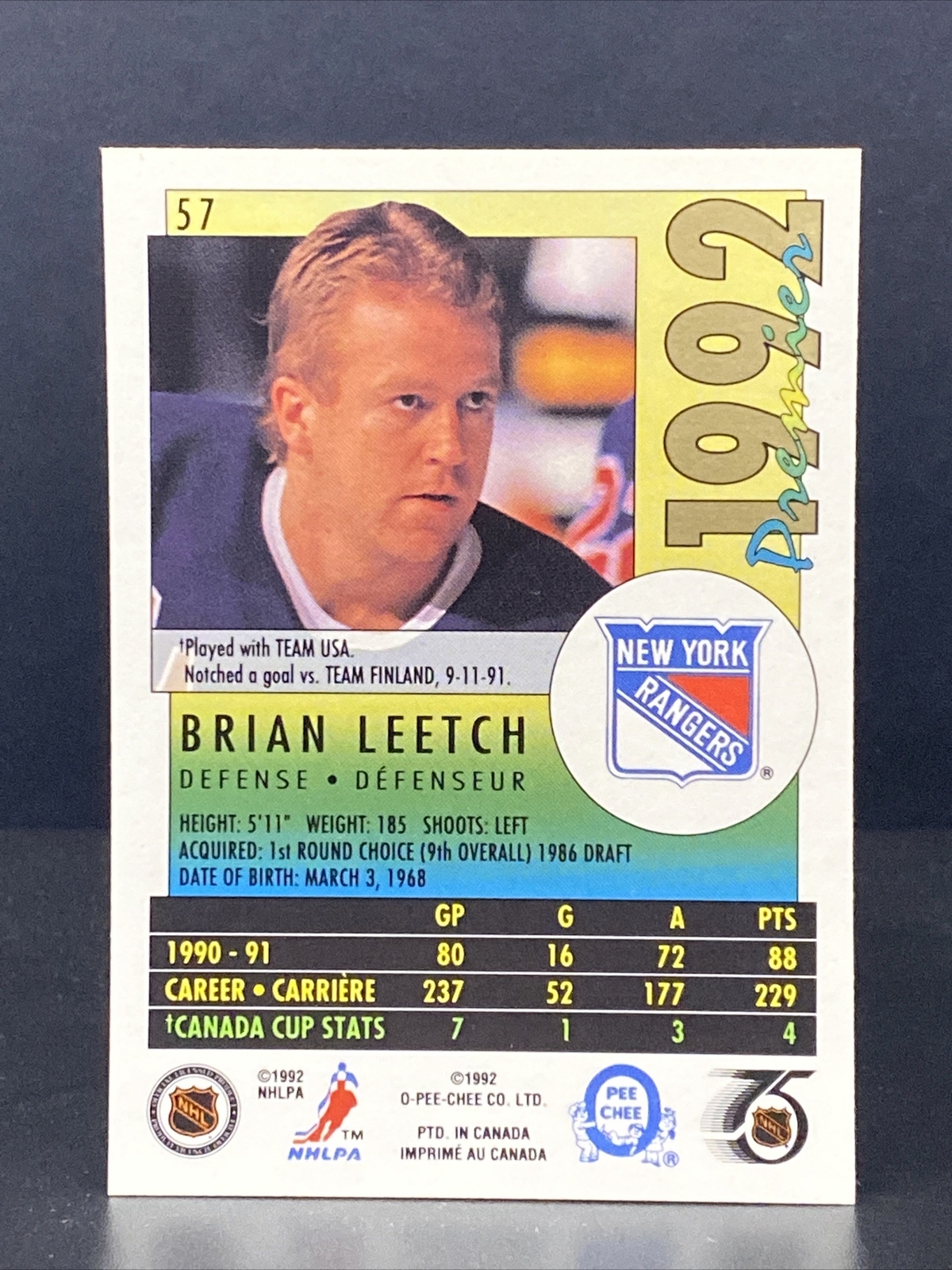 1991-92 O-Pee-Chee Premier Brian Leetch #57 HOF | eBay