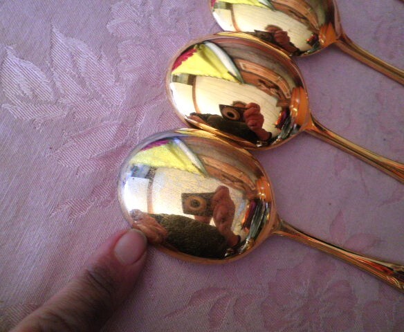 VINTAGE RODD GOLDEN GLORY SOUP SPOONS X4 GOLD PLATED 18CM SPOONS see ...