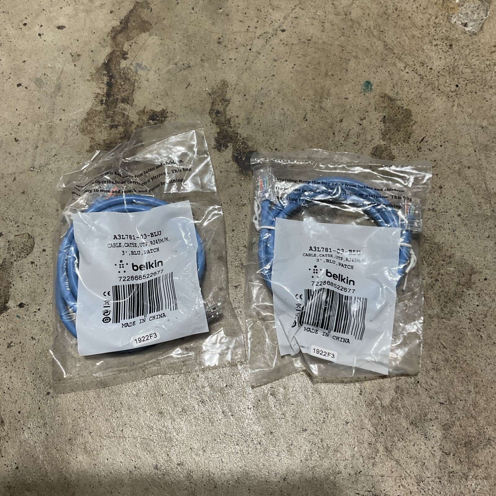 2x Belkin Cables A3l781-03-blu 3ft Cat5e Blue Patch Cable Rj45m/rj45m ...