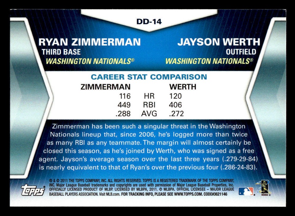 2011 Topps #DD-14 Ryan Zimmerman / Jayson Werth Diamond Duos (Series 2 ...