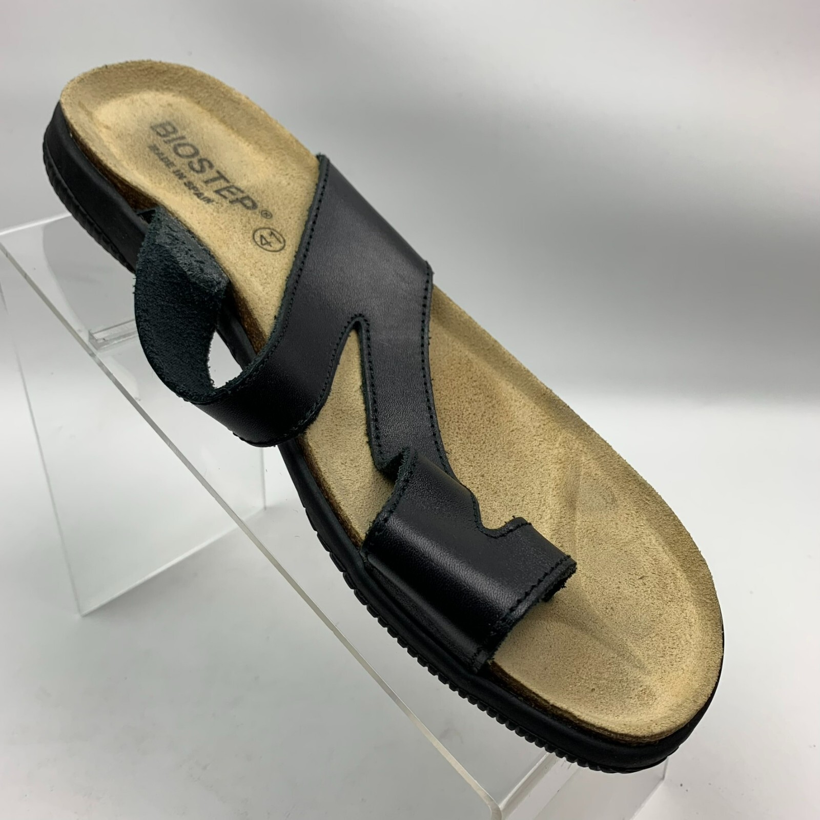 BioStep Sandals Black Leather Toe Loop Slide Flats Si… - Gem